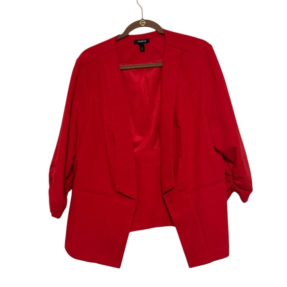torrid | Jackets & Coats | Torrid Red Open Front Ruched Sleeve Blazer ...